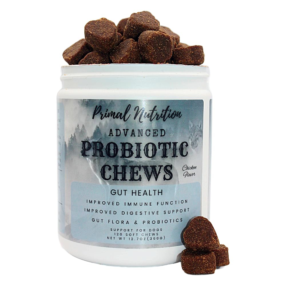 Primal Nutrition Probiotics for Dogs - Digestive Enzymes for Gut Flora, Digestive Health, Diarrhea & Bowel Support - Dog Supplement Soft Chew for Pet Immune System - Chicken