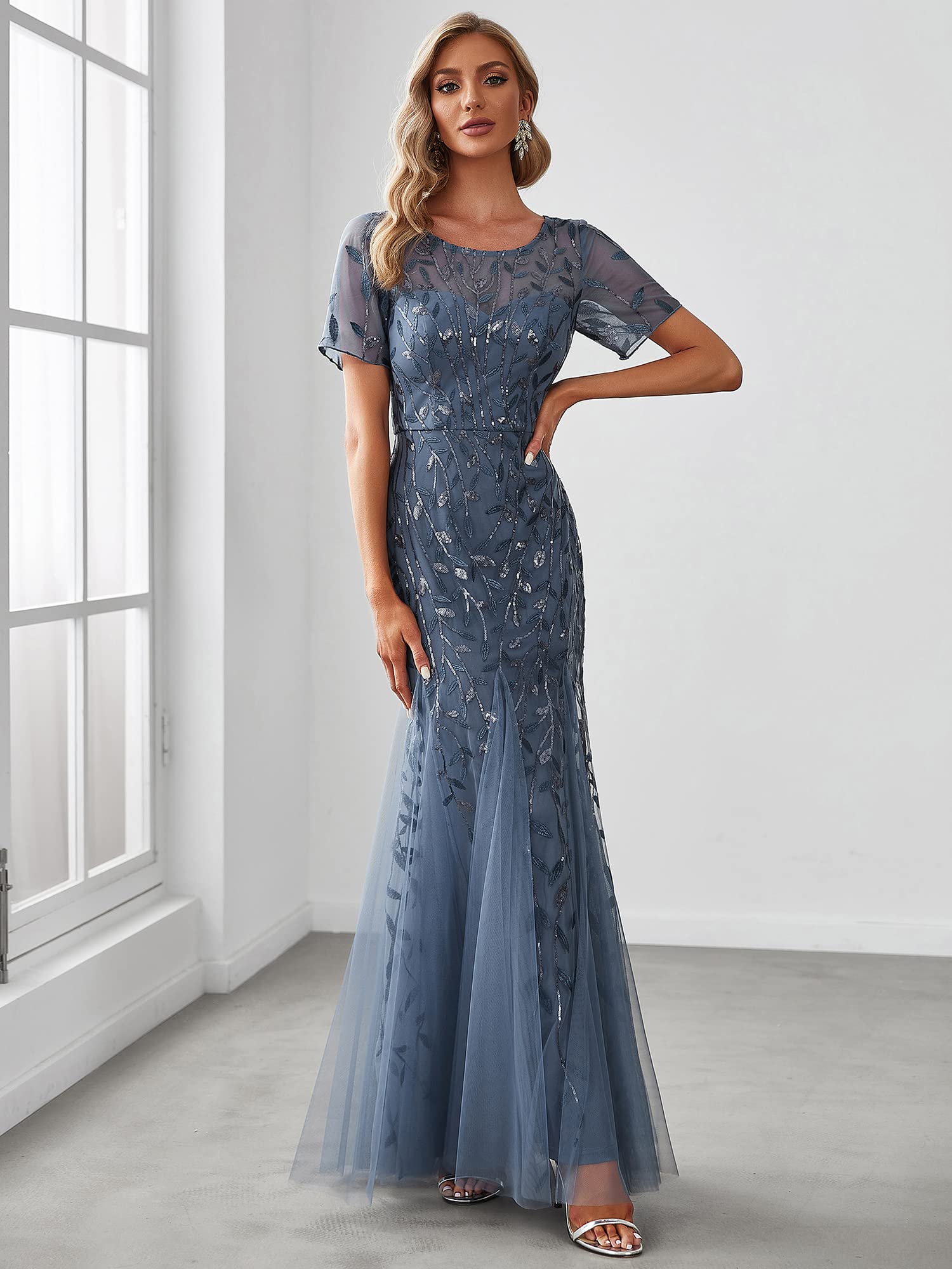 Ever-Pretty Women's Floral Lace Round Neck Sequin Prom Gown with Sleeves Haze Blue US16