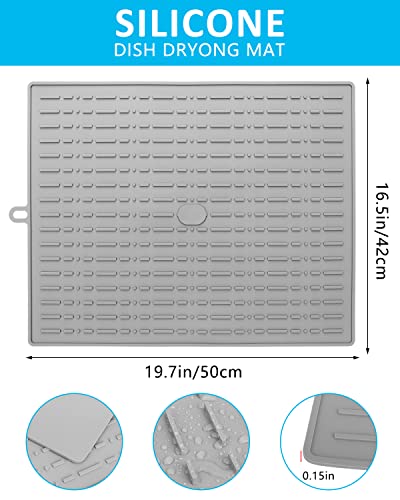 Large Silicone Dish Drying Mat with Faucet Mat - 20" x 16" - Dish Drying Mat, Dish Drainer Mat for Kitchen Counter, Heat Resistant Hot Pot Pad, Non-Slip Sink Mat, BPA Free, Dish Washer Safe(Grey)