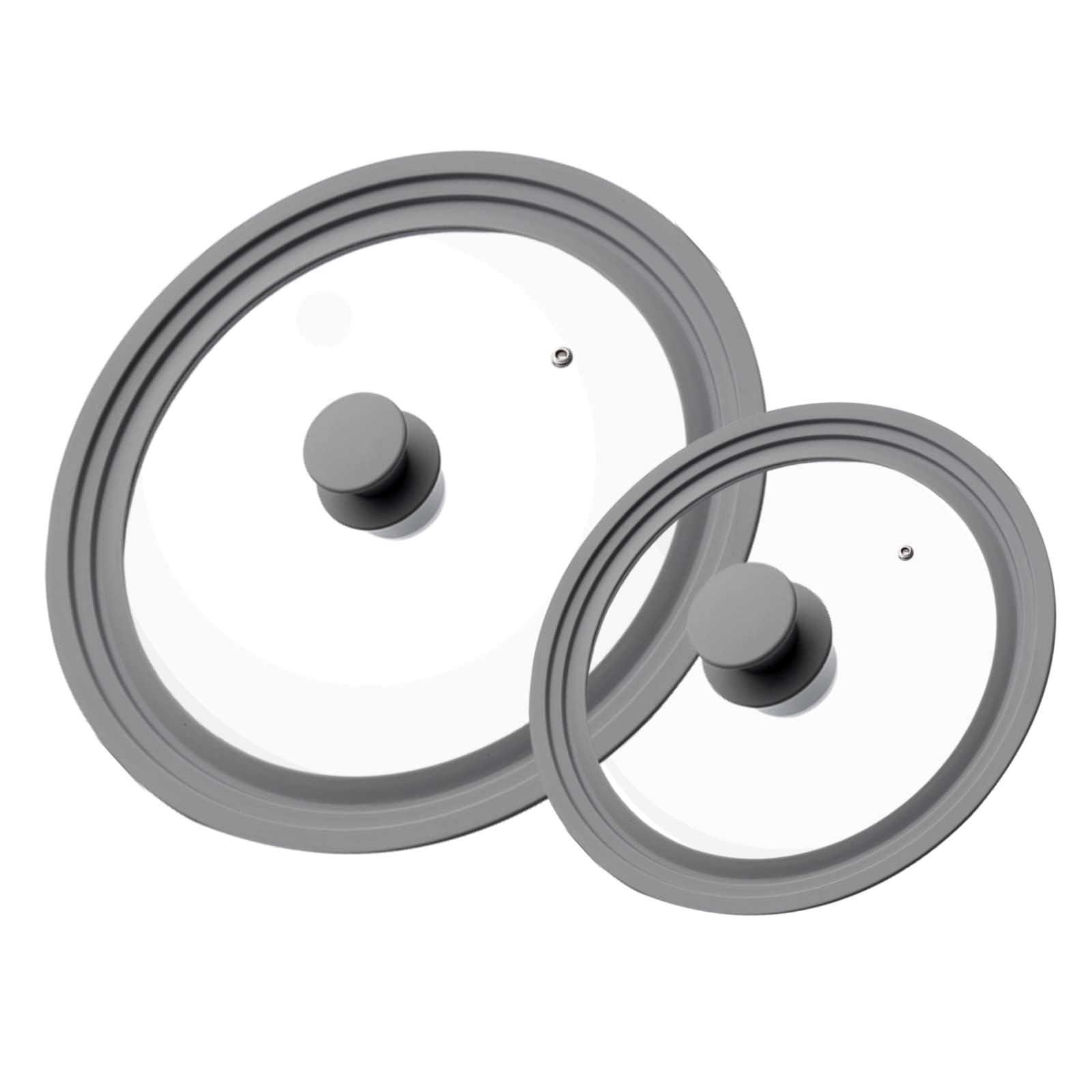 J&C LIFE Universal Lids for Pots, Pans & Skillets (2PCs, Grey) Fits 7-8.5, 10-12 Inch Frying Pan Skillet, Glass Pan Lids with Heat Resistant Silicone Rim, Pan Cover for Cast Iron Skillet Cookware