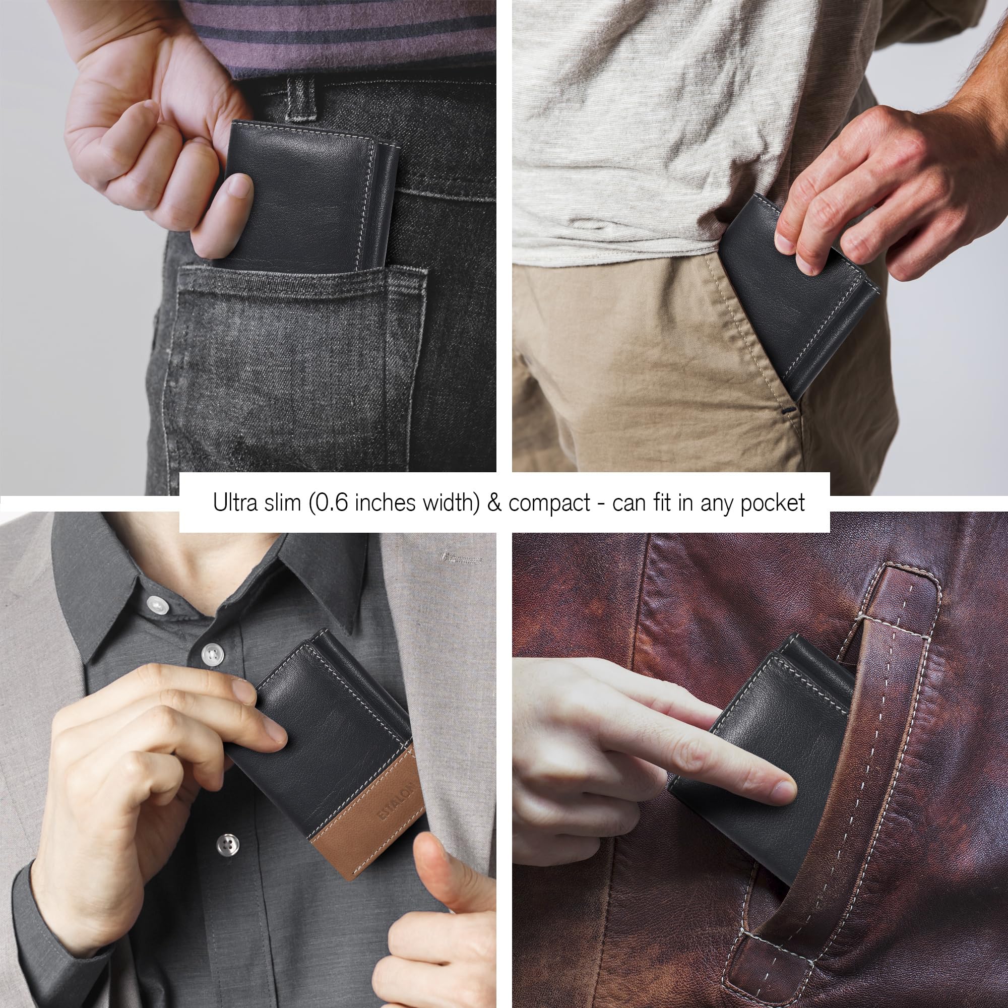 ESTALON Real Leather Trifold Wallet For Men-RFID Slim Tri Fold Wallets Minimalist 3 fold Credit Card Holder ID Window Christmas Gift (Charcoal/Sierra)