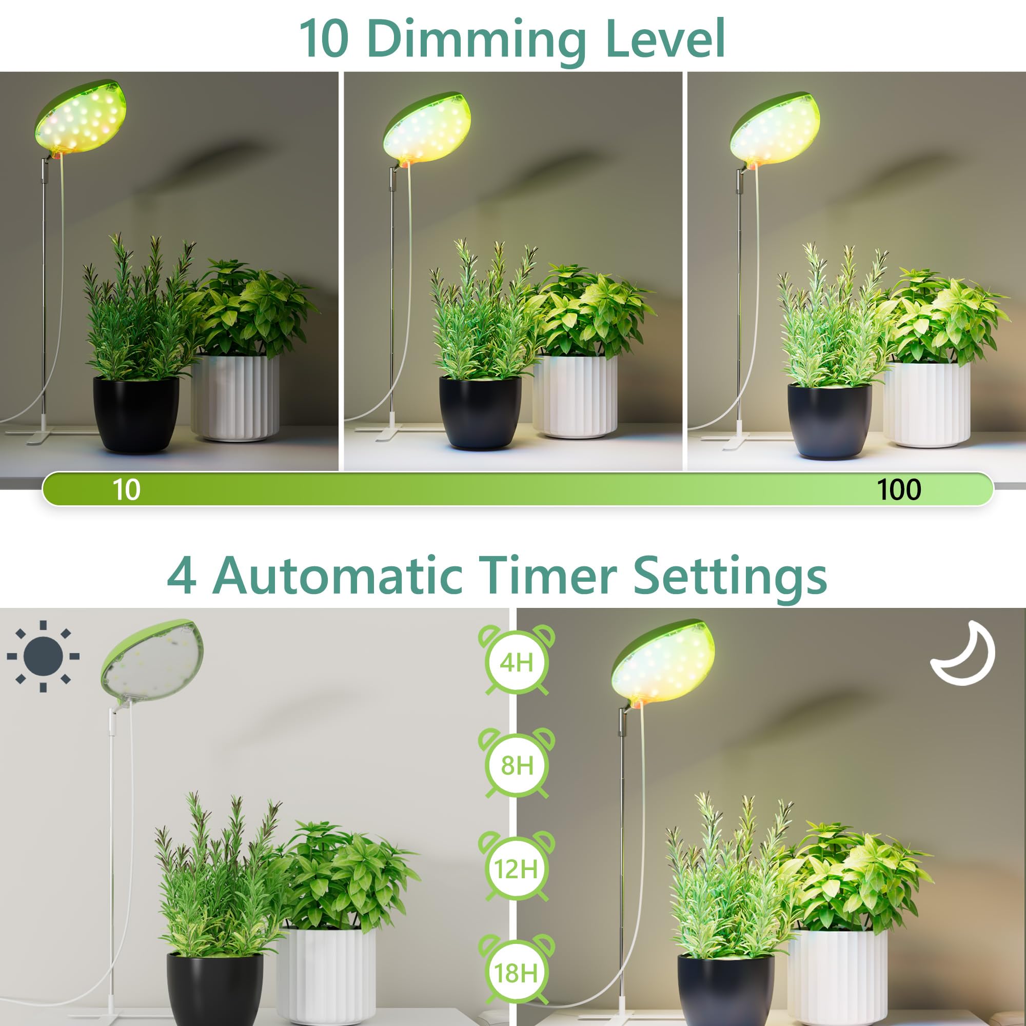 Grow Light for Indoor Plants, Diivoo Full Spectrum Grow Lamp with 10 Level Dimmable Brightness & 4 Automatic Timer, LED Plant Lights with 360 Spin Gooseneck for Potted Flowers, Plants, Vegetables