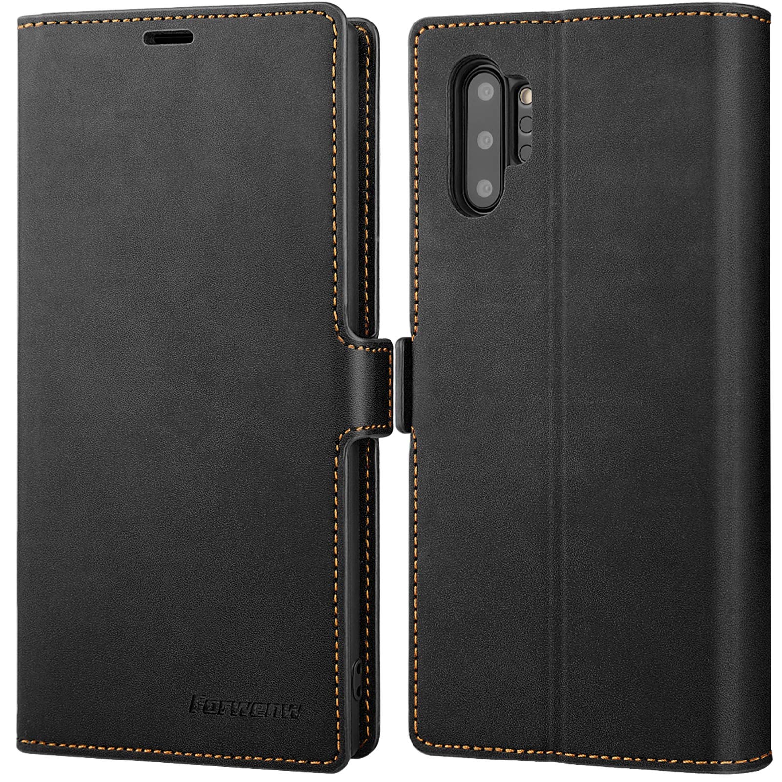 Galaxy Note 10 Plus Wallet Case: Premium Leather Folio Flip with Kickstand, Card Holder & Screen Protector for Samsung 6.8" (Black)