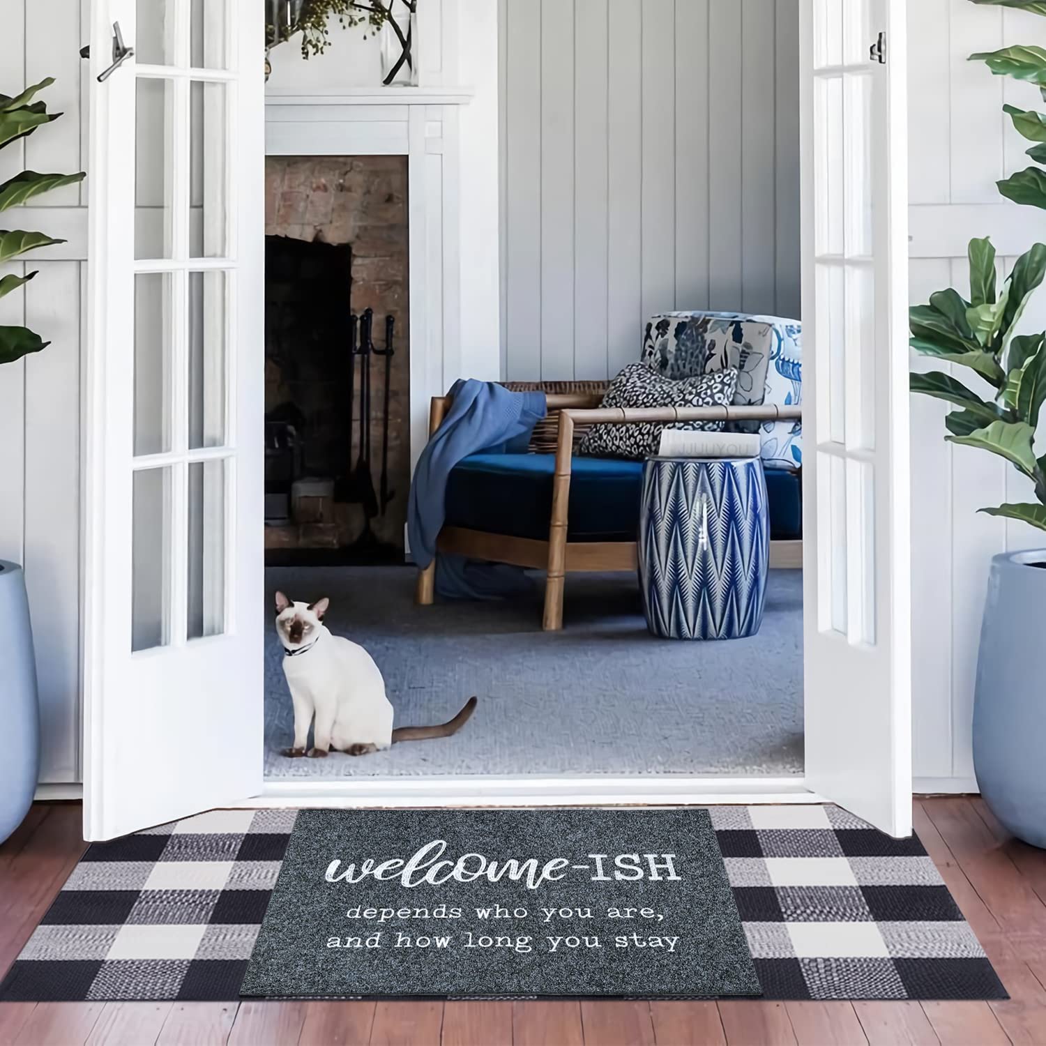 Large Welcome Mat for Front Door Outside Patio Mats Funny Welcome-ish Gray Doormat Non Slip Rubber Backing Entryway Low Profile Mats for Entry Shoe Mats 24"x36"