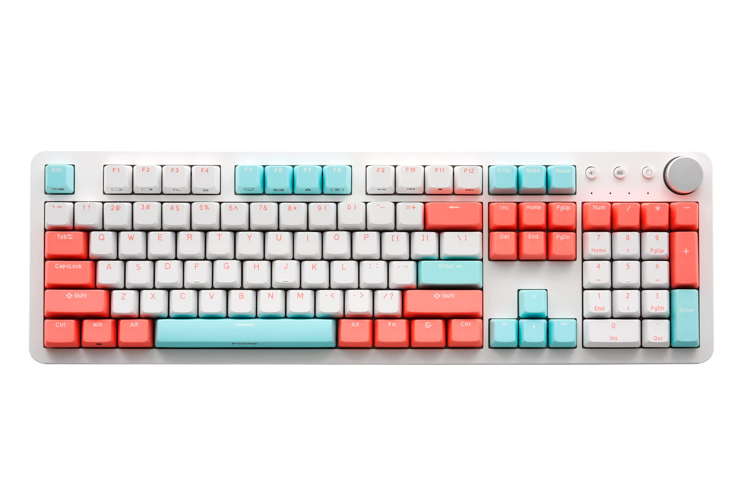 i-rocks K73M Mechanical Gaming Keyboard with Media Control Knob, 107 Keys, PBT Keycaps, Multimedia Hotkeys, Detachable USB-C Cable (Cherry MX Brown Switches, Mint Peach)