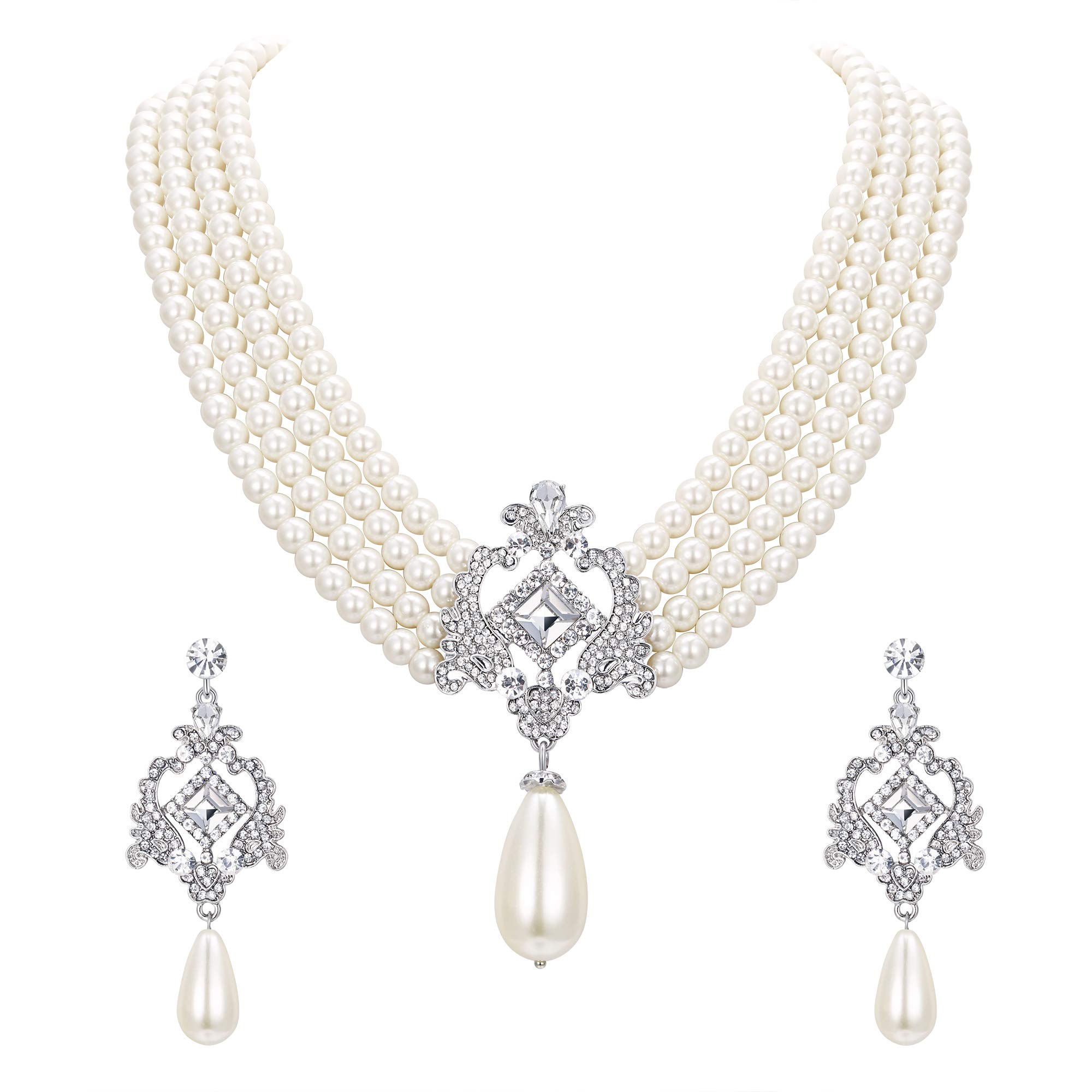 EVER FAITH 1920s Gatsby Jewelry Set for Party, Crystal 4 Layers Simulated Pearl Vintage Inspired Chandelier Necklace Earrings Sets for Woman