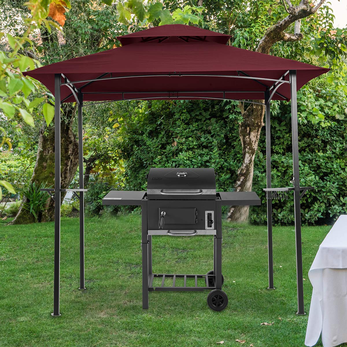 Gazebo with Double Tier Soft Top and Bar Counters, 8 x 5 FT Steel Frame Canopy Tent for BBQ Camping Party, Outdoor Grill Gazebo for Patio Backyard Deck Lawn Garden