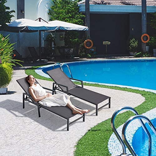 VARVIND Outdoor Patio Lounge Chair Set of 2, Aluminum Chaise Lounge Outdoor with 5 Adjustable Backrest Positions, Outdoor Patio Chaise Lounge Chairs Suitable for Backyard, Balcony, Poolside (Grey)