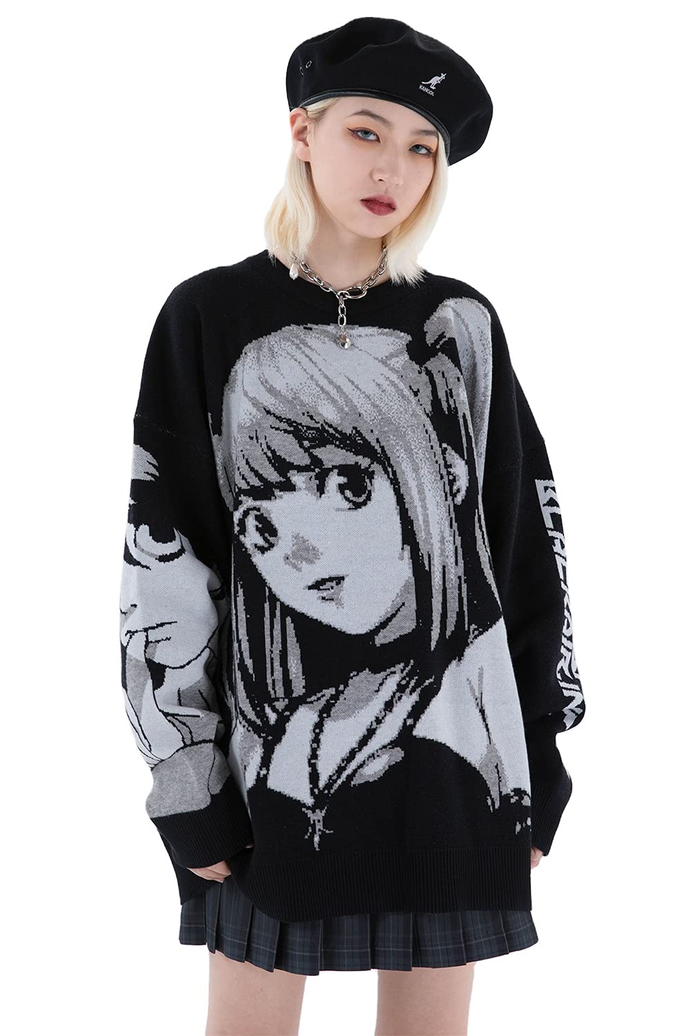FELLVISHK Anime Girl Figure Sweater Graphic Long Sleeve Oversize Knitwear Sweatshirt Unisex 3D(Black, X-Large)