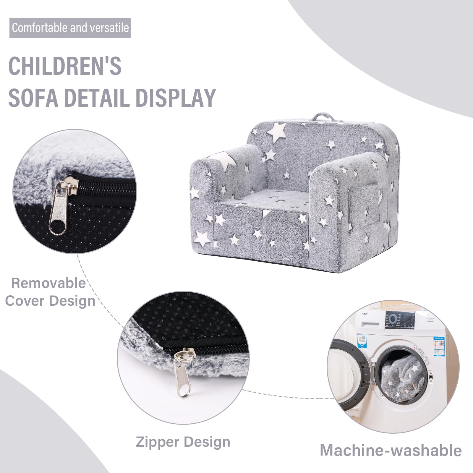 Tiita Kids Foam Chair, Star - Children Sofa with Armrest, Lightweight, Portable, Removable Cover, Side Pockets, Special Design for Girl or Boy