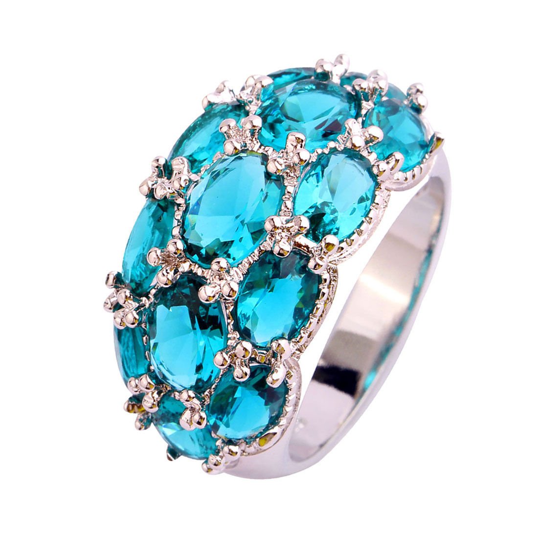 Emsione 925 Sterling Silver Plated Created Green Topaz CZ Pave Statement Eternity Band Cocktail Party Ring Size 6