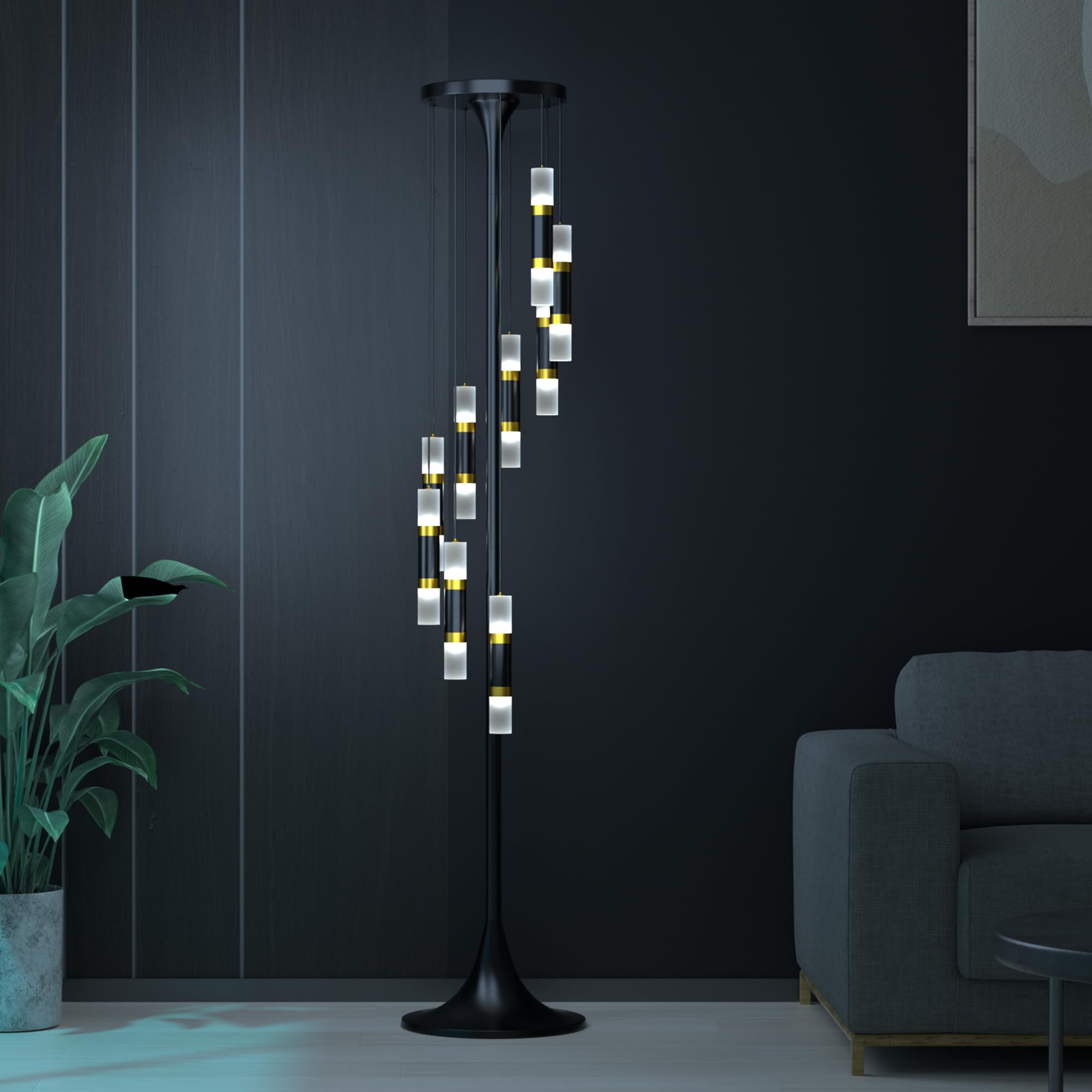 E.P. Light Modern Multiple Heads Black Floor Lamp for Bedroom, 71 inch Tall Dimmable Standing LED Floor Lamp for Living Room, Unique Reading Floor Lamp with Remote for Office
