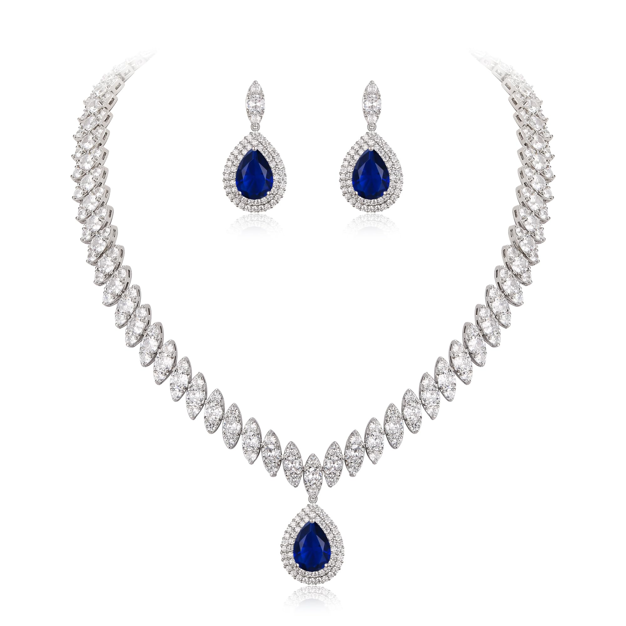 EVER FAITH Women's Marquise CZ Leaf Teardrop Wedding Pendant Necklace Earrings Set Blue Silver-Tone