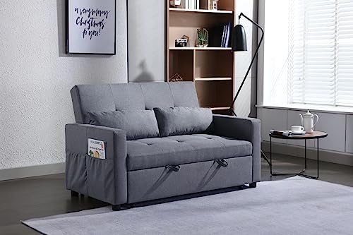 Polibi 55.1" Modern 3-in-1 Convertible Sleeper Sofa Bed w/Side Pockets, Linen Upholstered Pull Out Sofa Bed Couch with 3 Adjustable Angle Backrest and Two Throw Pillows (Dark Grey)