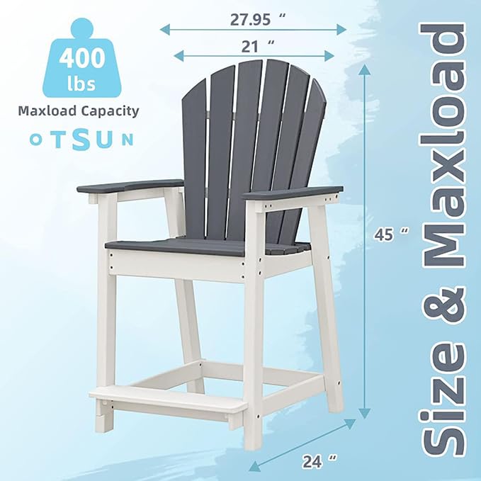 OTSUN Outdoor Tall Adirondack Chairs Set of 2, Patio Bar Stool Chair with High Back, 400lbs, Widened Arms, All-Weather Balcony Chair for Backyard, Garden, Yard - Light Grey
