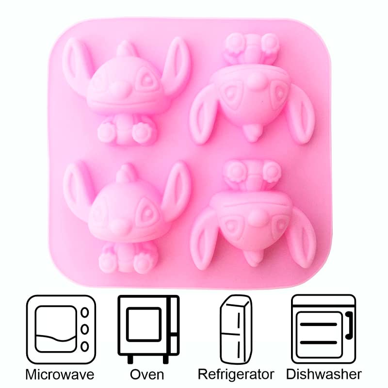 INKU 4 Cavity Lilo and Stitch Silicone Mold for DIY Fondant Candy Chocolate Molds DIY Cake Tray 3D Chocolates Hard Sweets Desserts Candles Drop Glue Decoration Birthday Party Cake Decor Candy Mold