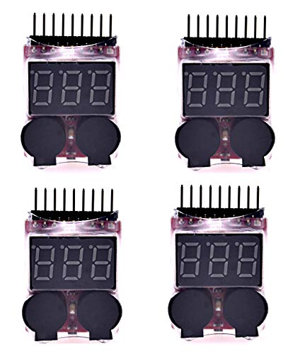 Readytosky Lipo Battery Checker RC Battery Low Voltage Buzzer Alarm Voltage Tester Monitor for 1-8S Lipo Life LiMn Li-ion Battery(4PCS)