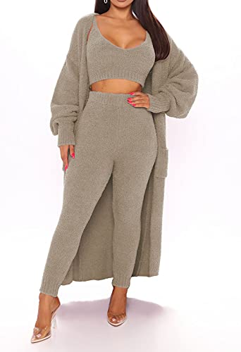 Fixmatti Fuzzy 3 Piece Legging Set for Women Open Front Cardigan Cropped Tops Long Pant Suit Khaki S