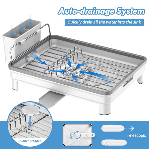 Ewaiira Dish Drying Rack, Dish Racks for Kitchen Counter, Anti-Rust Dish Dryer Rack with 360° Swivel Spout Drainboard Set, Utensil Holder and Cup Holder for Kitchen Countertop (White)