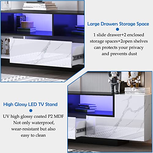 Vinctik 6&Fox 70inch LED TV Stand for 80/75 inch TV,Modern TV Stand for Living Room,TV Console,High Gloss Entertainment Center with Large Storage Drawer,APP LED Light(Marbling)