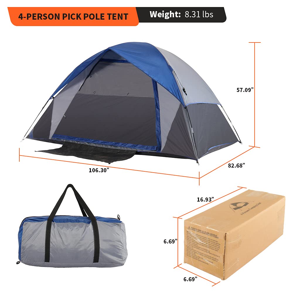 Great Escapes Camping Tent for 4 Person, with Detachable Rain Fly and Portable Carrying Bag, 4 Seasons Use, Easy to Install, BlueGrey