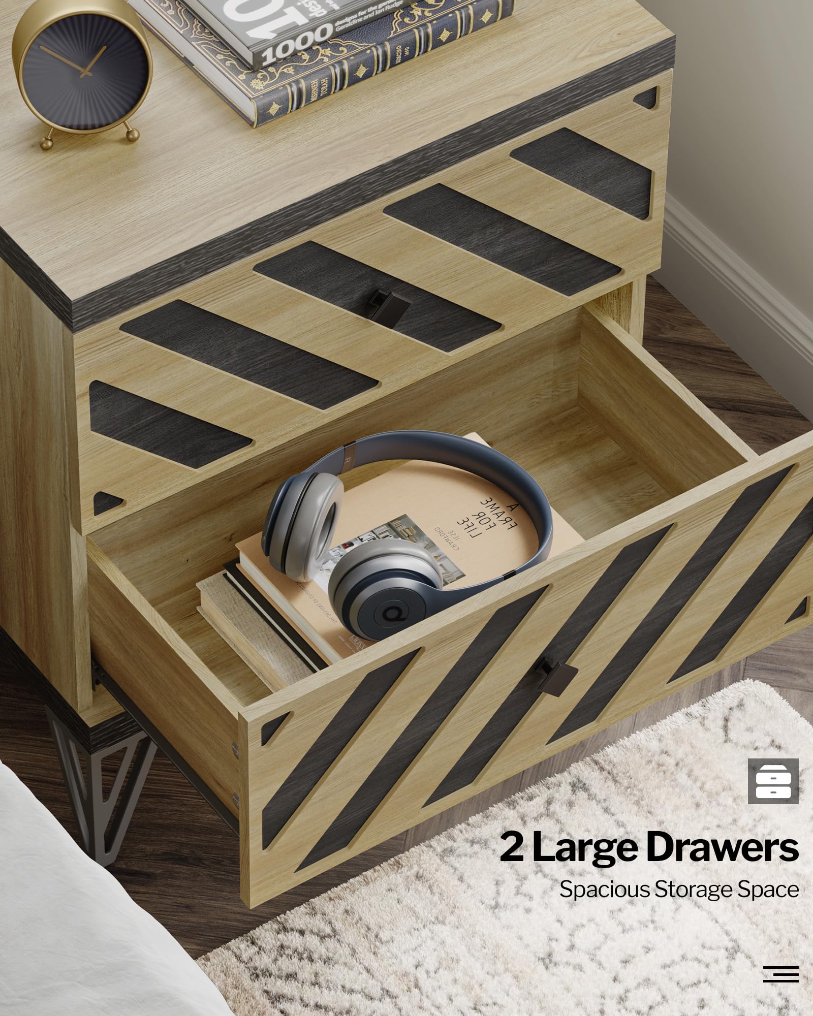 SICOTAS Large Night Stand Set of 2 - Modern Bedside Table Wide Nightstands with 2 Herringbone Decor Drawers, Sturdy Metal Legs, Wood Accent End Table for Bedroom