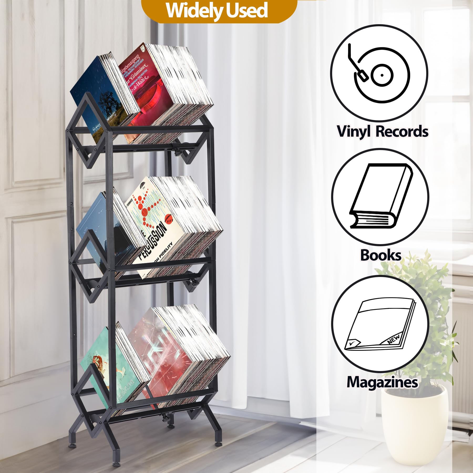 Eastrexon 3 Tier Vinyl Record Storage Rack with Casters, 240-300 LP Storage Display Stand, Metal Vinyl Record holder, Design for Files/Book/Magazine Records Rack