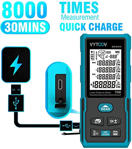 Laser Measurement Tool 229Ft 70M IP54 M/in/Ft/Ft+in Digital Angle Sensor Measure Backlight LCD Laser Distance Meters with Pythagorean Mode Laser Measure Distance Area and Volume - Rechargeable