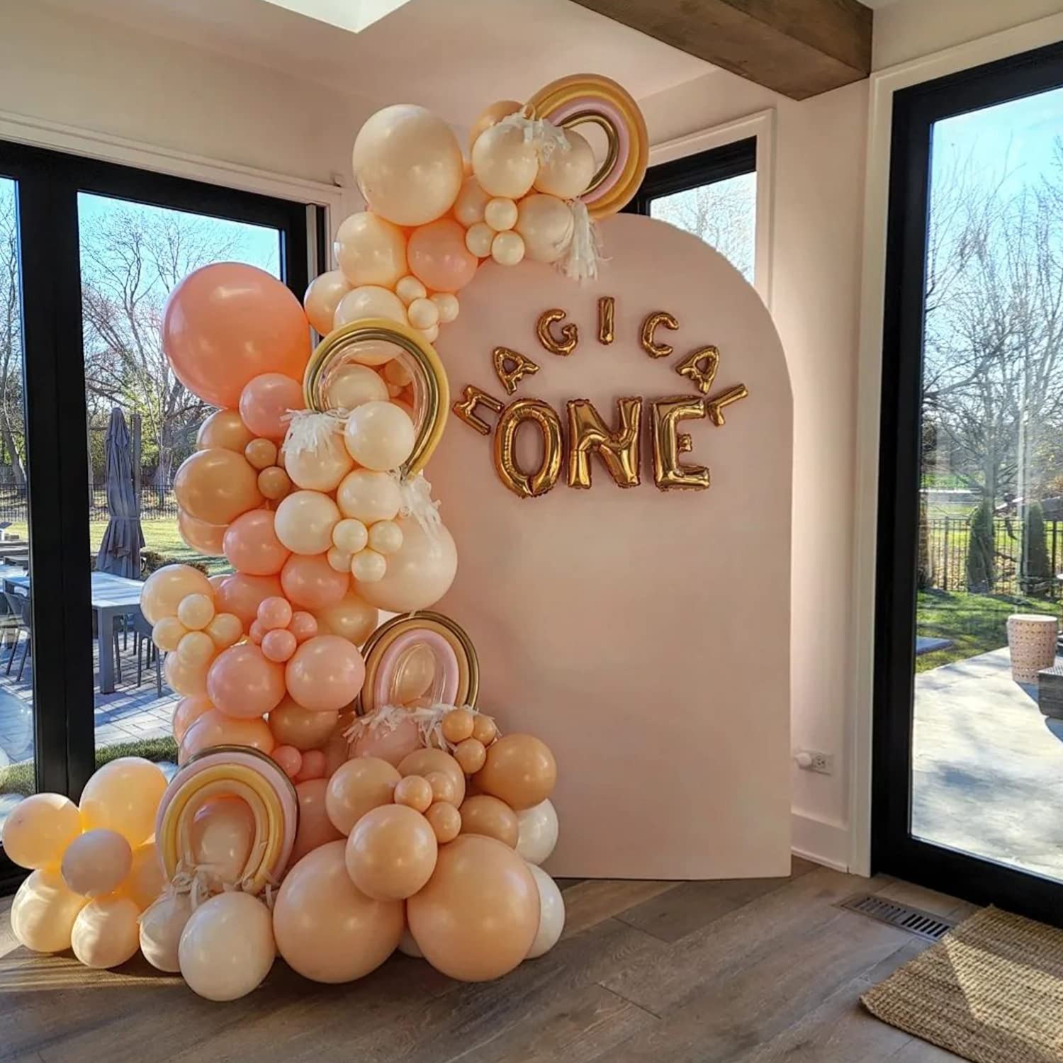 FENCYGIH 130Pcs Boho Balloon Garland Arch Kit, Boho Baby Shower Decorations with Dusty Pink Nude Sand White Long Twisting Balloons White Paper Tassels for Two Groovy Boho Rainbow Party Decorations