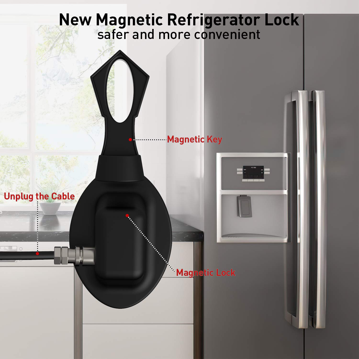 Fridge Lock, Refrigerator Lock for Children - Magnetic Key Child Lock for Refrigerator, Cabinet, Drawer Convenient and Safe (Black)
