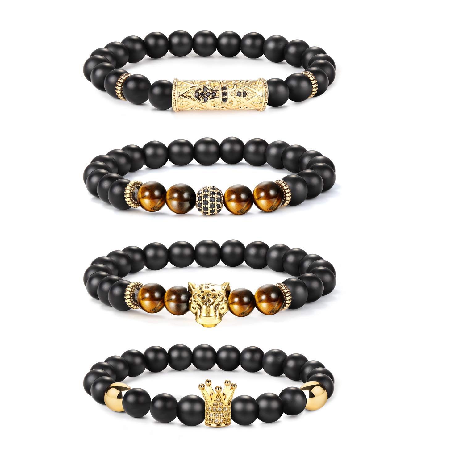 FINREZIO 4PcsBlack Matte Beads Bracelets 8mm Onyx Stone Bracelets Sets Charm King Crown for Women Men Jewelry