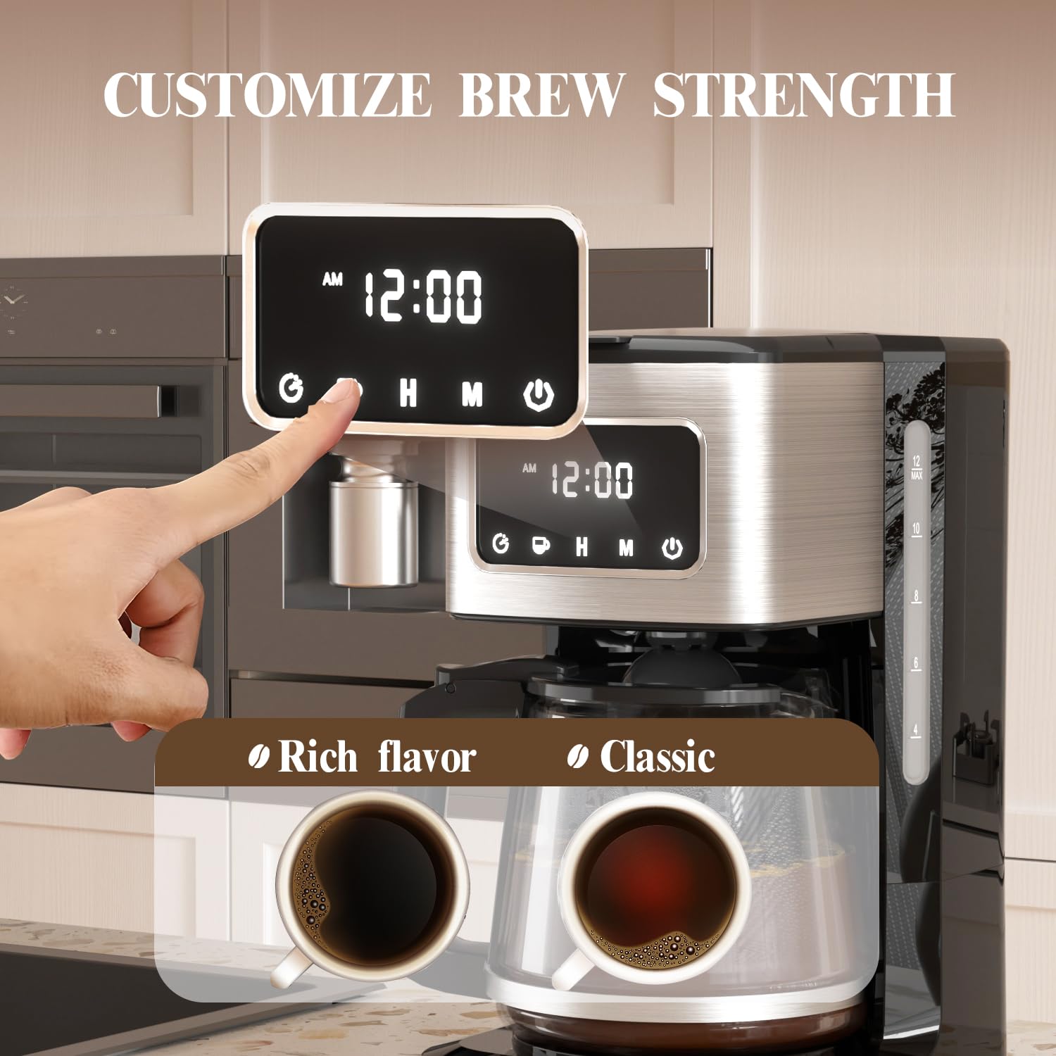 Empstorm 12 Cup Programmable Drip Coffee Maker - 1000W Fast Brew Coffee Machine with Glass Carafe, Auto Shut Off & 4-Hour Keep Warm, Anti-Drip System, Strong Brew, Black with Stainless Steel Accents