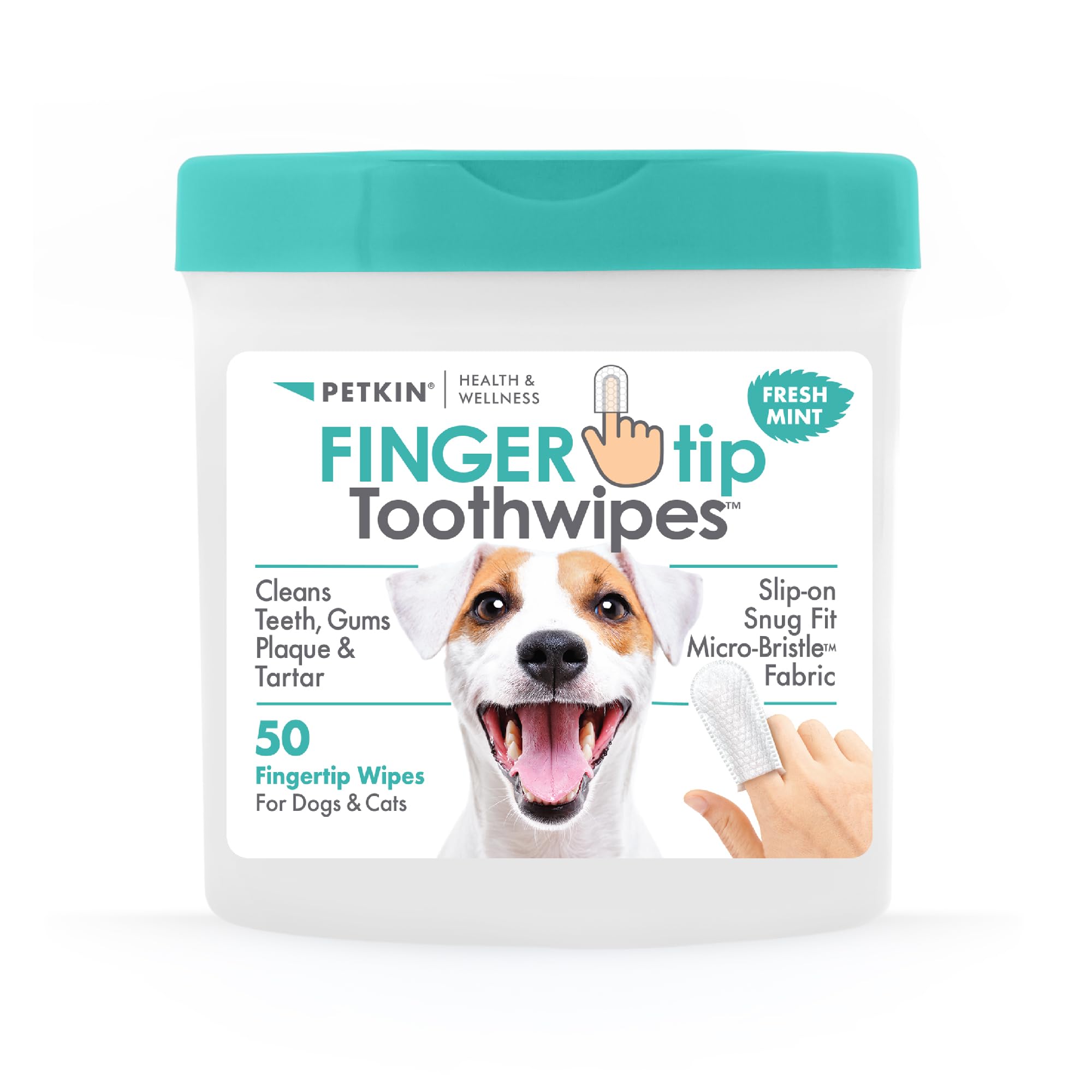 Petkin Fingertip Tooth Wipes for Dogs and Cats, 50 Finger Wipes - Slip-On, Snug Fit, Micro-Bristle Fabric - Cleans Teeth, Gums, Plaque & Tartar - Convenient, Ideal for Home and Travel - Fresh Mint