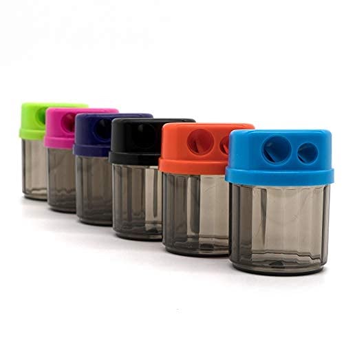 Emraw Dual Blades Sharpener w/Round Receptacle to Catch Shavings for Regular/Oversize Pencils/Crayons in Blue, Green, Pink, Purple, Orange & Black Plastic - Great for School, Home & Office (6 Pack)