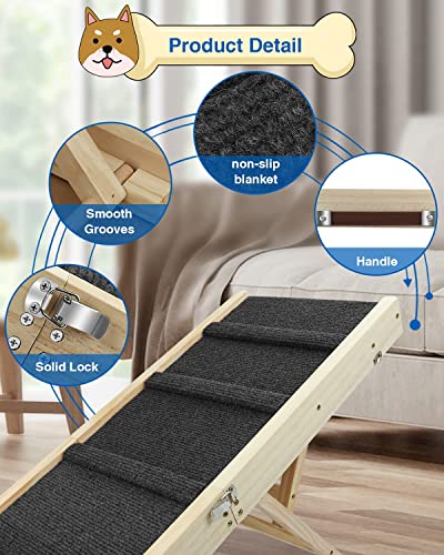TNELTUEB Adjustable Dog Ramp, Wooden Folding Portable Pet Ramp,Rated for 30 LBS, 32.6" Long and Adjustable from 10" to 19" with Non-Slip Traction Mat, Dog Step for Bed, Couch,Car (Grey)