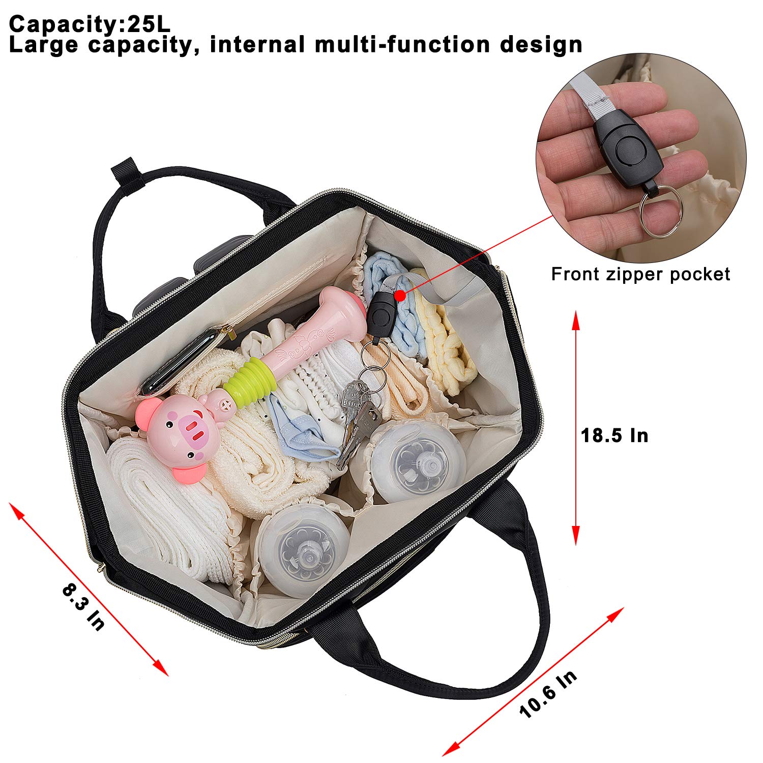 FANCYOUT Diaper Bag Backpack with USB Charging Port and Stroller Straps, Maternity Nappy Bag with Insulated Feeding Bottle Pocket (Black)