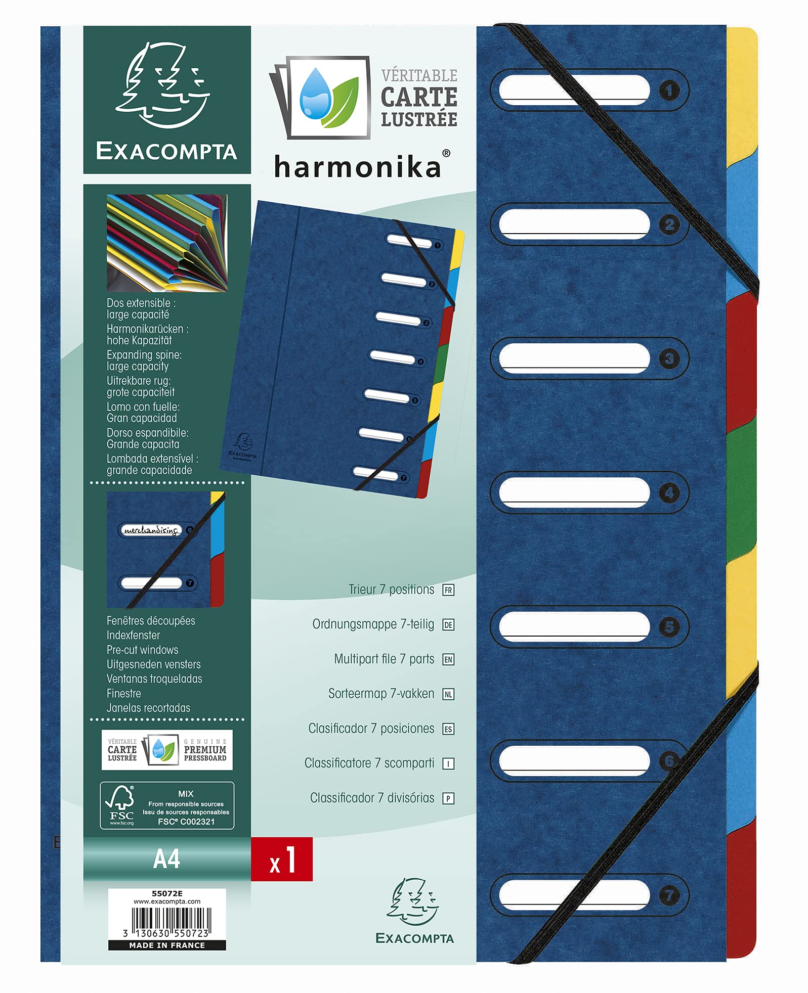 Exacompta - Ref 55122E - Harmonika Multipart File - 24.5 x 32cm in Size, Suitable for A4 Documents, 12 Multi-Coloured Tabbed Sections, Premium Pressboard Cover - Blue Cover