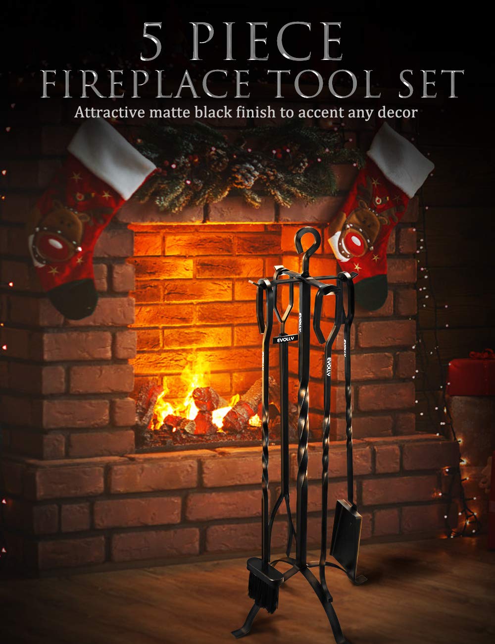 EVOLLY 5 Pieces Fireplace Tools Set 32Inch Heavy Duty Wrought Iron Fire Place Tool Set Fireplace Toolset for Fireplaces, Fire Pits, Hearth Accessories Including Tongs, Shovel, Stand, Poker & Broom