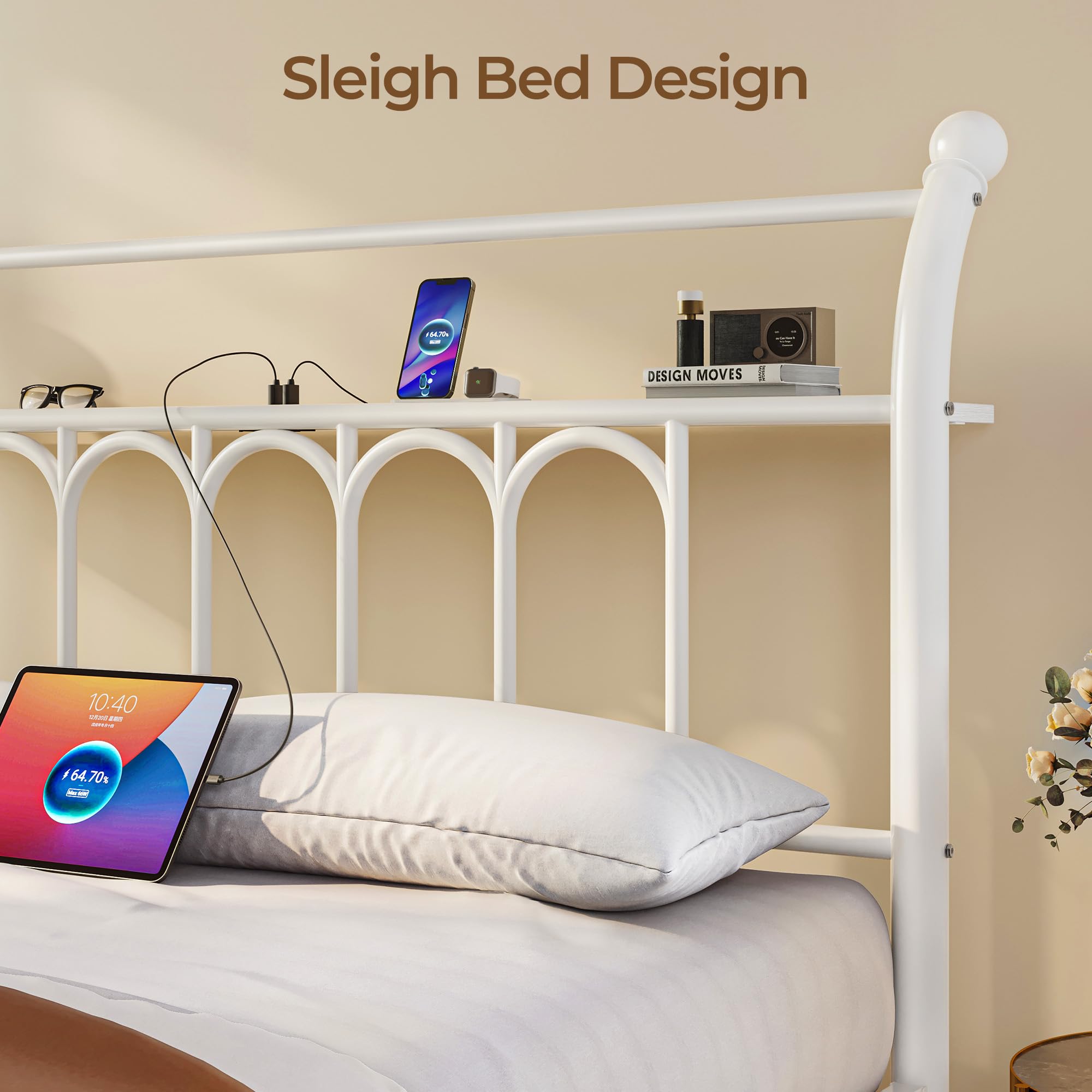 Rolanstar Queen Bed Frame with USB Charging Station, LED Bed Frame with Storage Headboard, 14 Inch Black Metal Platform Bed with Sleigh Headboard and Footboard, No Box Spring Needed, Noise Free