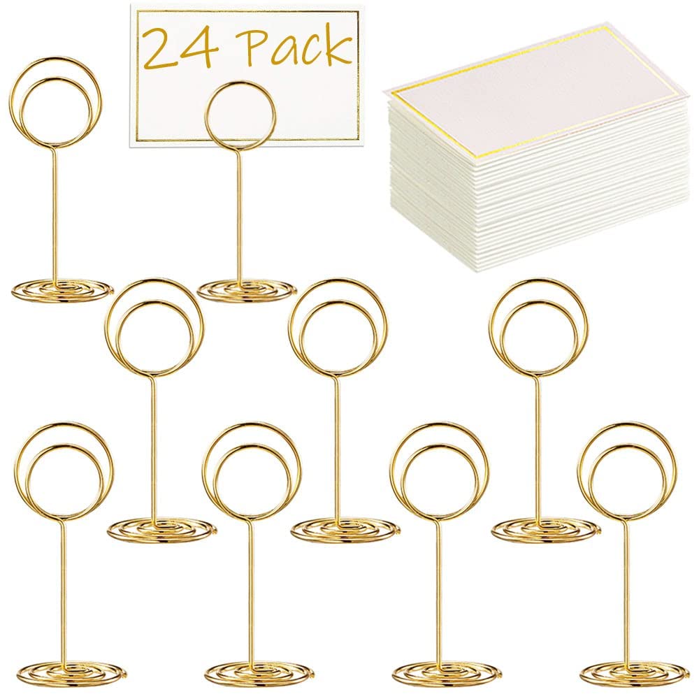 Toncoo 24 Pack Premium Table Number Holders and 24 Pcs Place Cards with Gold Foil Border, Place Card Holder, Table Sign Stand, Photo Picture Holders Wedding Table Name Card Holder(Gold)