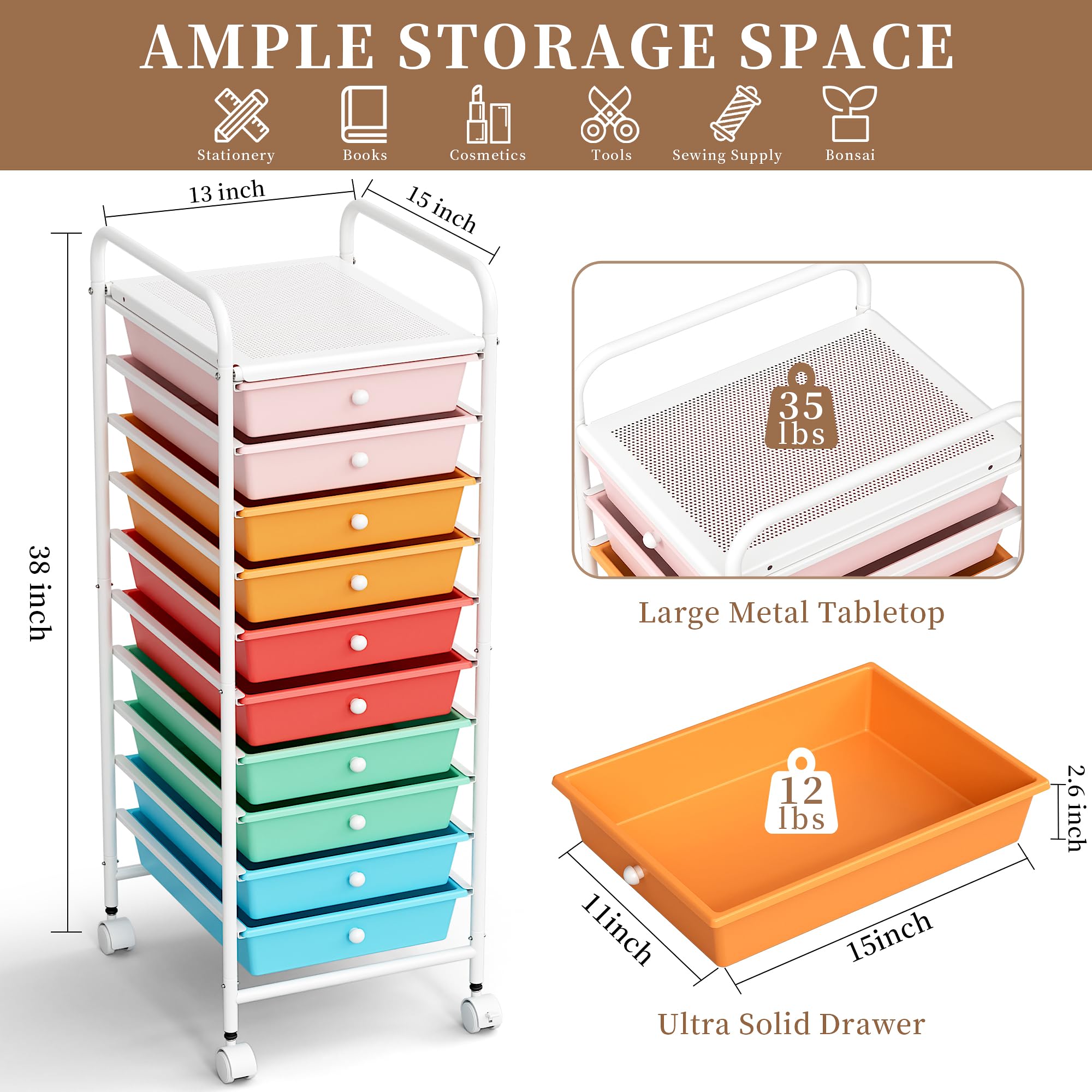 Rolling Storage Cart with 10 Drawers, Drawer Cart with All-Metal Frame & Lockable Wheels, Organizer Utility Cart with Handle for Crafts, School Teacher, Home, Office, Classroom, Macaron Color