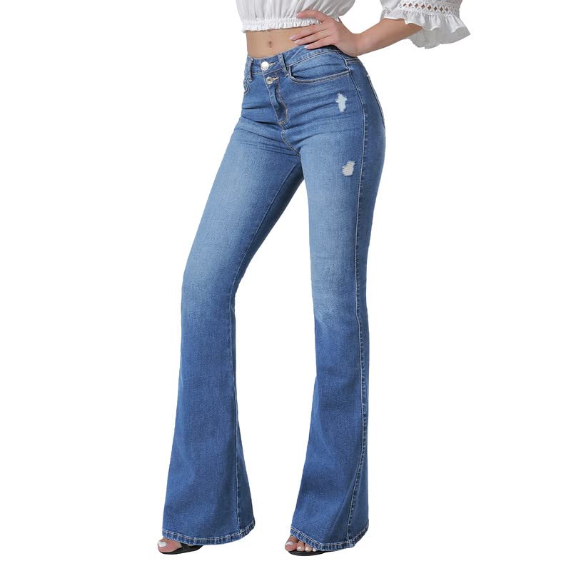 VIPONES Bell Bottom Jeans for Women High Waisted Flare Jean Bootcut Ripped Stretch Skinny Wide Leg Denim Blue Pants (107,Size 8)