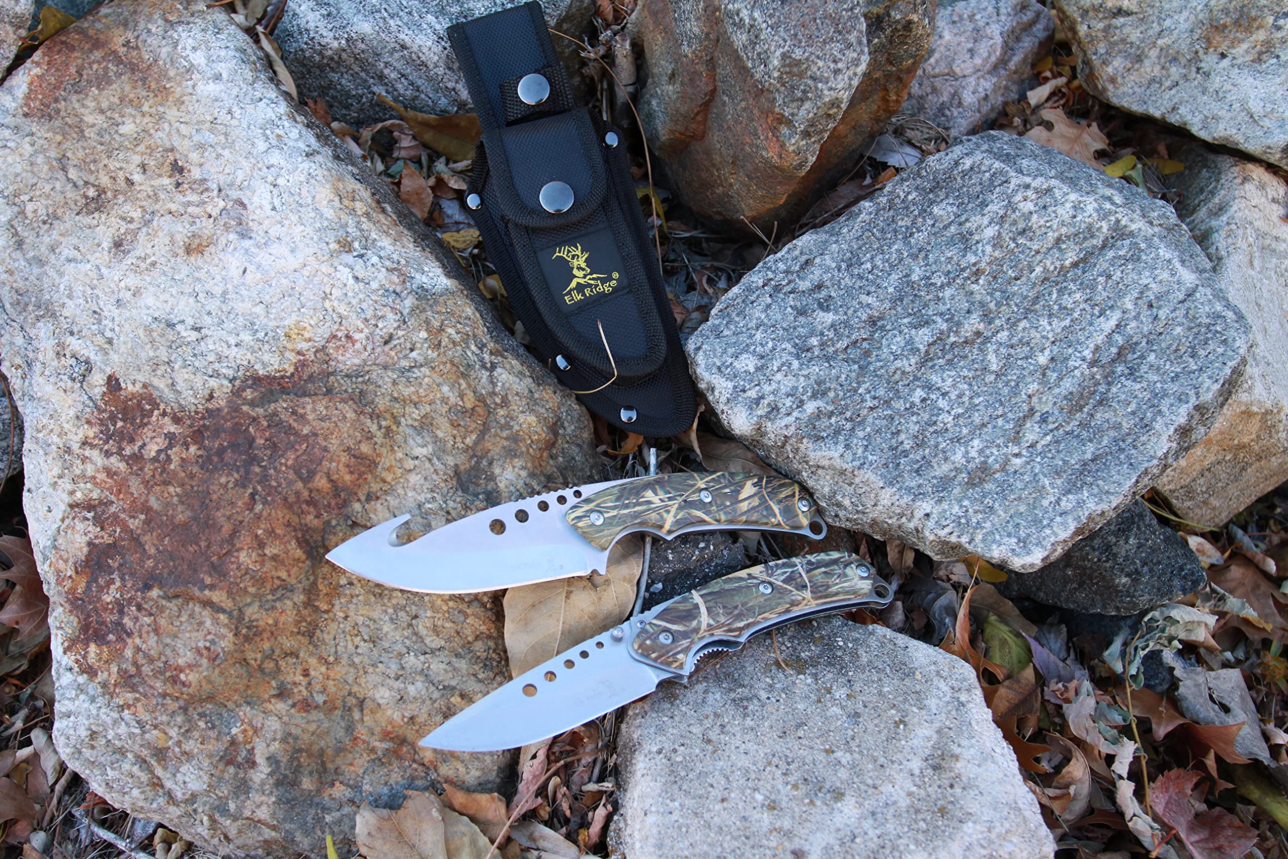 Elk Ridge - Outdoors Hunting Knife Set- 2 PC Fixed Blade and Folding Knife Set, Satin Finished Stainless Steel Blades, Camo Coated Handles, Includes Combo Nylon Sheath - Hunting, Camping, Survival - ER-054CA