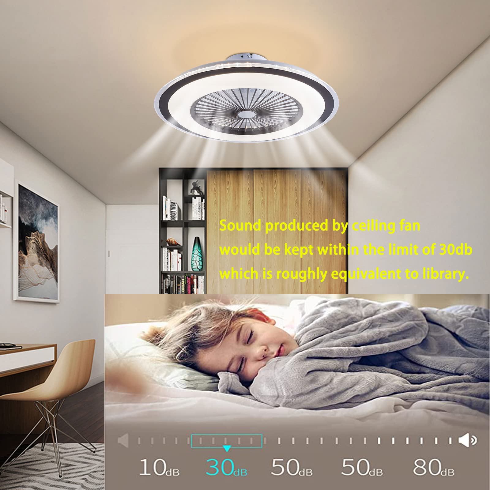 Gdrasuya10 Flush Mount Ceiling Fan with Lights Remote Control 23inch Bladeless Ceiling Fandelier Lighting SMD LED Invisible Low Profile Ceiling Fans Dimmable 3 Color 3 Speed Time Setting (Brown)