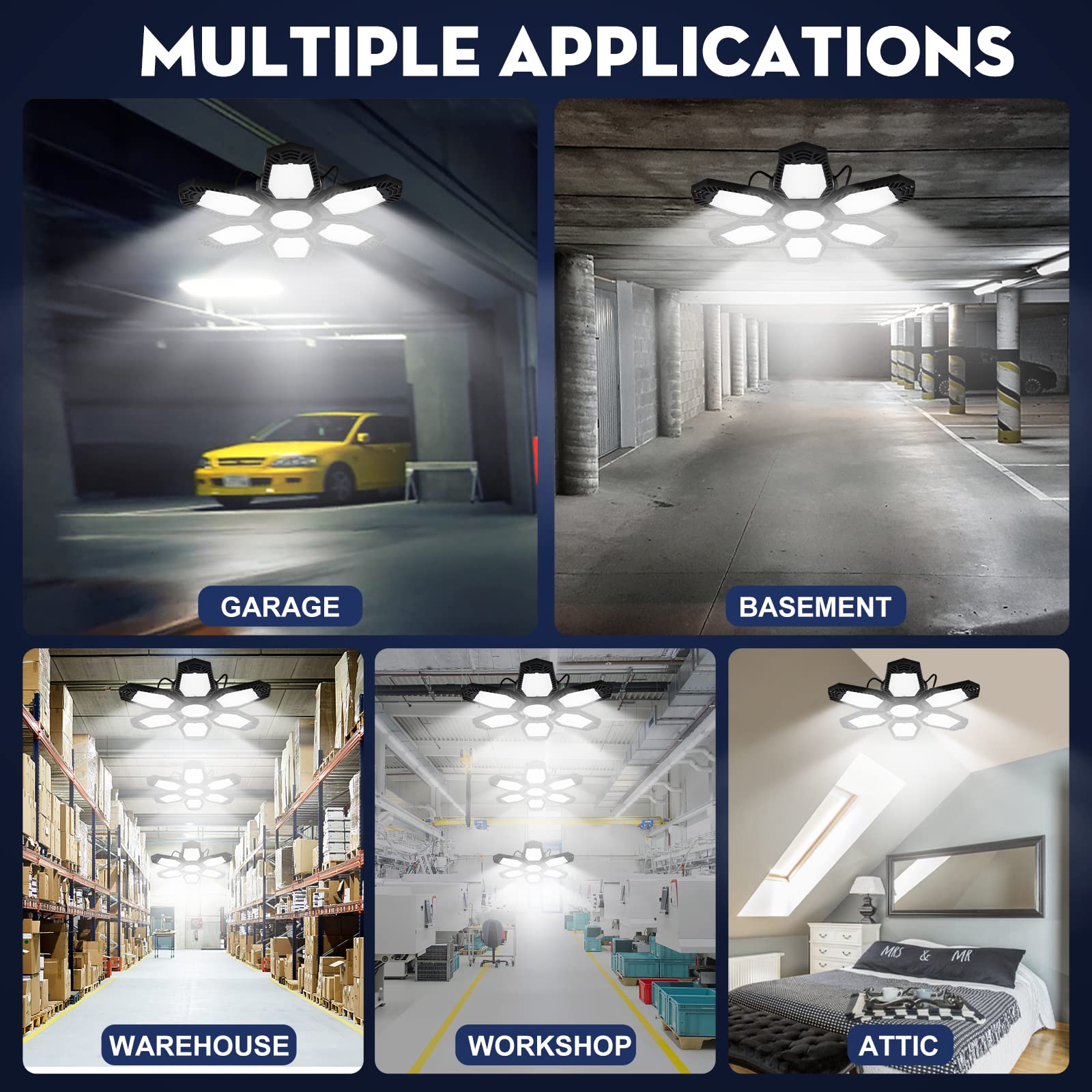 OUSHASAA 150W Garage Lights Ceiling LED, 15000LM 6500K Bright LED Shop Lights, Deformable E26/27 Screw in Garage Lights with 6+1 Adjustable Panels for Workshop, Basement, Barn, Warehouse