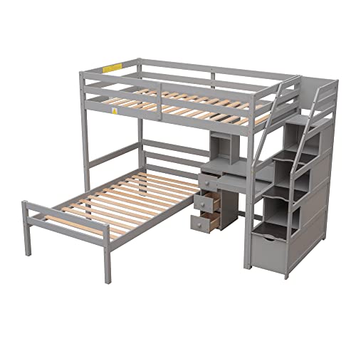 ODC Twin Over Twin Bunk Bed with Desk,Multifunctional Twin Size Loft Bed with a Platform Twin Bed and Storage Staircase, Solid Wood Loft Bed Frame with Shelves/Drawers for Kids Teens Adults