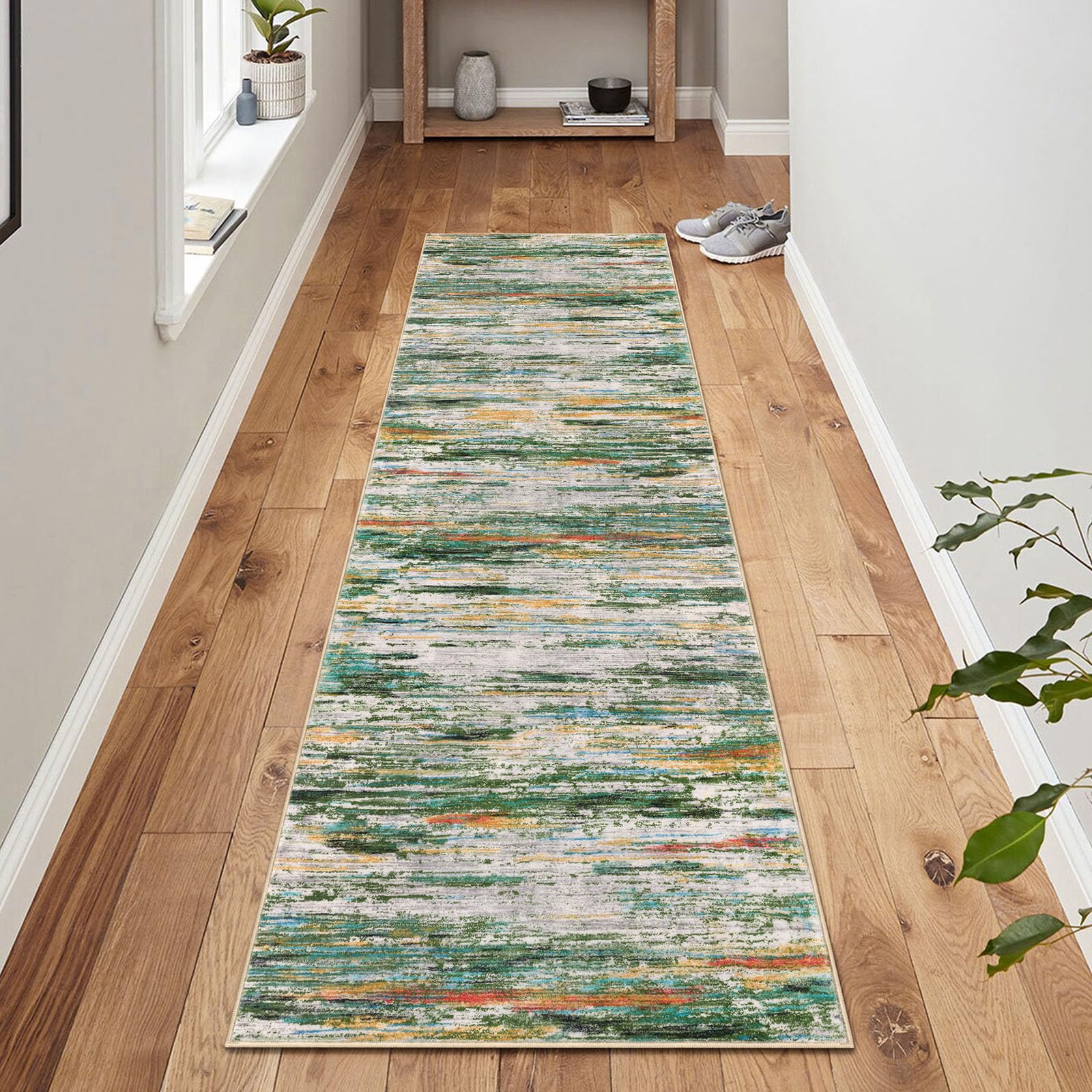 Siiloom 2x6 Green Multi Modern Abstract Runner Rug for Hallways, Super Soft Hallway Decor Kitchen Rugs with Non-Slip, Non-Shedding Washable Rug for Hallways Entryway Bedroom Bathroom Laundry Indoor