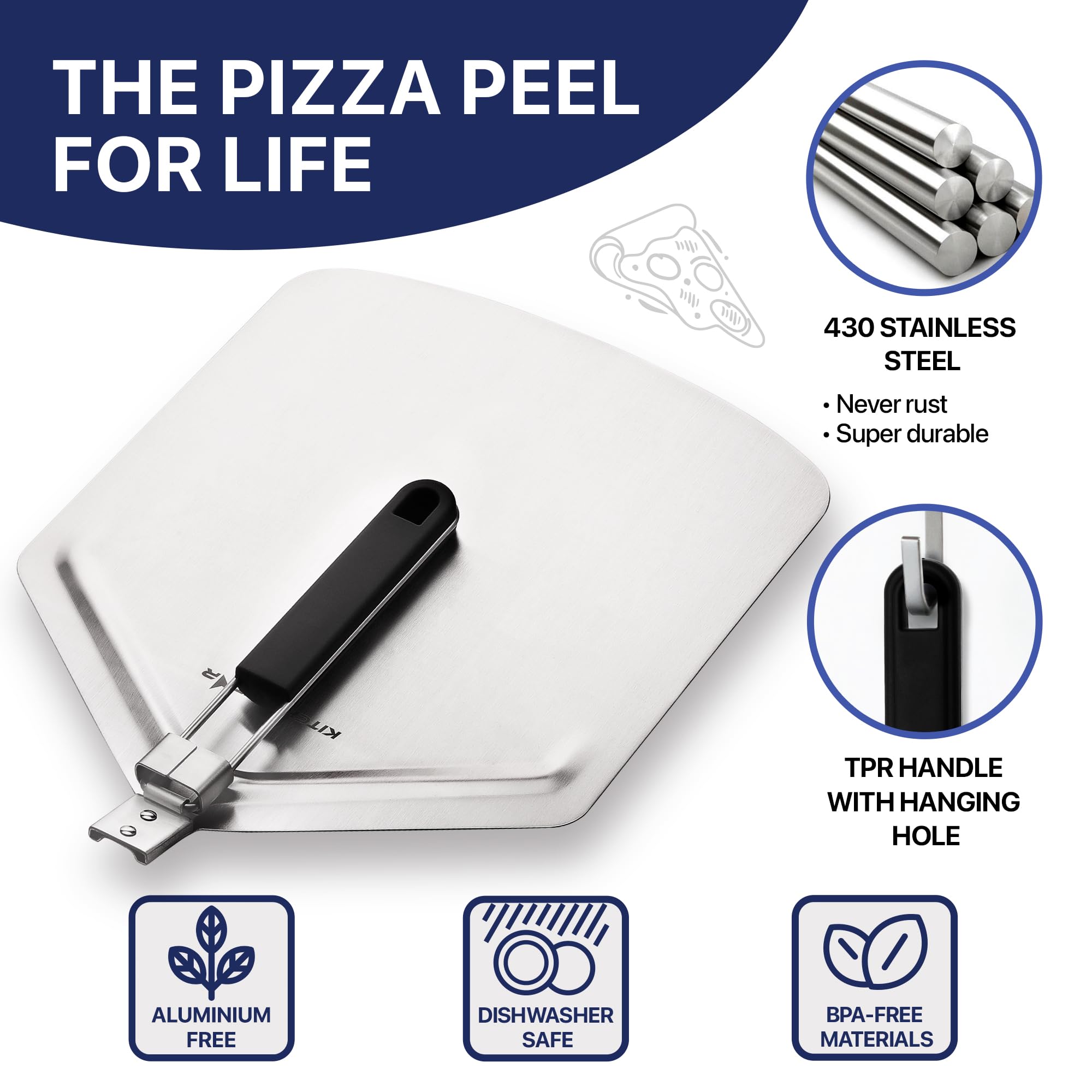 KitchenStar Stainless Steel Pizza Peel with Folding Handle (13 x 16.5 Inches) for Oven Pizza Turning, Placement and Retrieving - Professional Baking Tools Series
