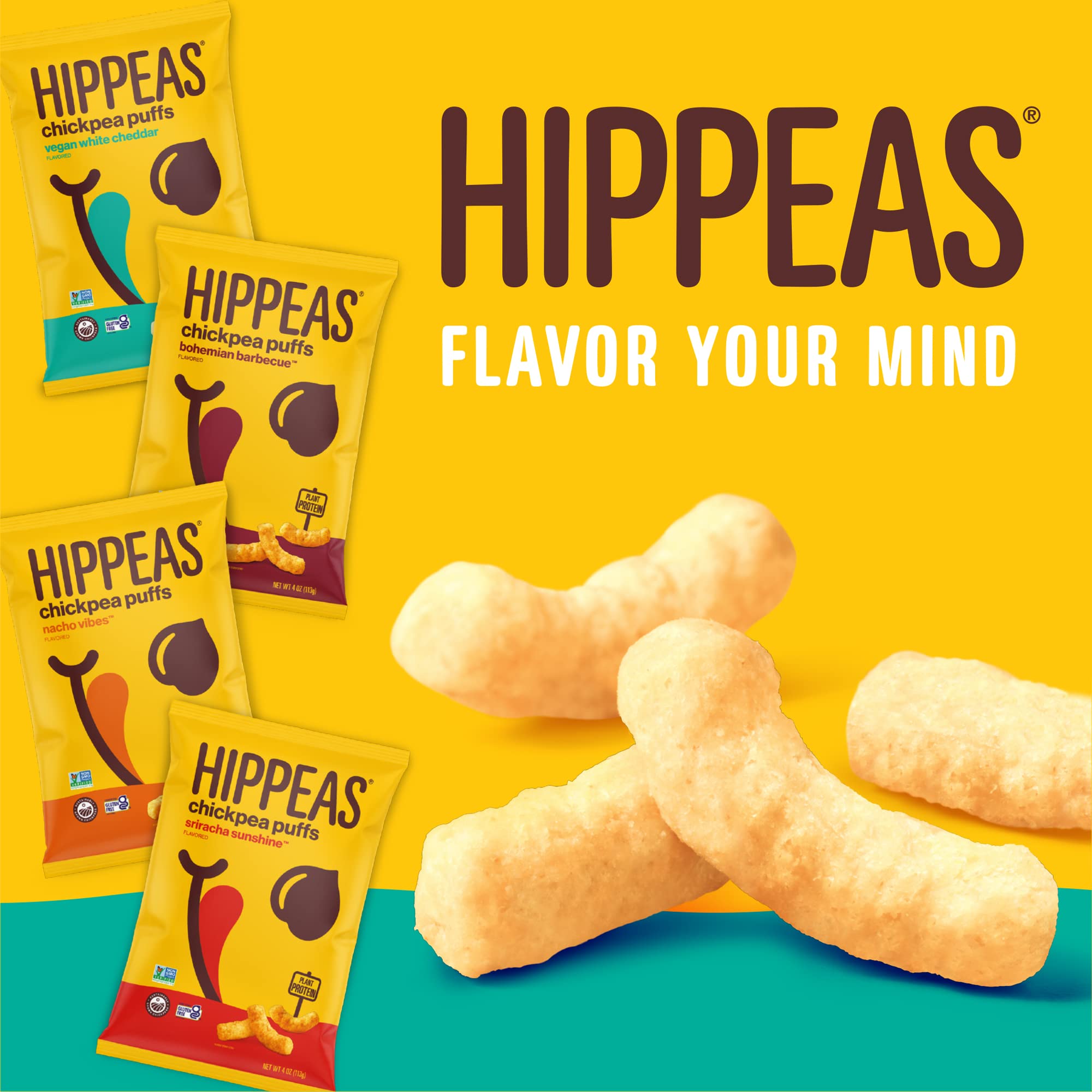 Hippeas Organic Chickpea Puffs, Vegan White Cheddar, 4 Ounce (Pack of 6), 4g Protein, 3g Fiber, Vegan, Gluten-Free, Crunchy, Plant Protein Snacks