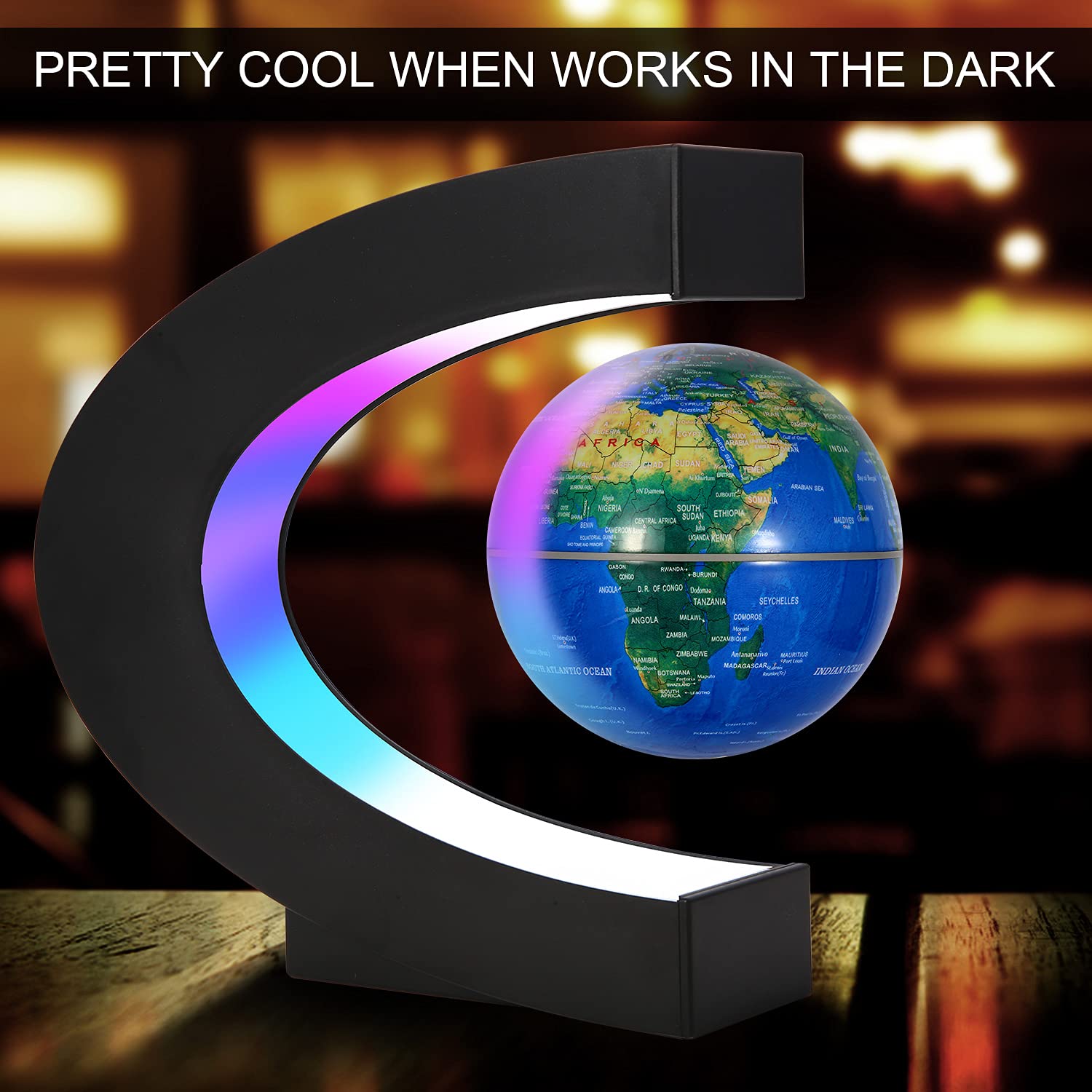 Gresus Auto-Rotate Magnetic Levitation Floating World Map Globe with C Shape Base, Floating Globe with LED Lights, Great Fathers Students Business Boyfriend Birthday Gift for Desk Decoration (Blue)